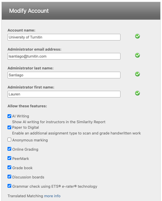 Account settings for Turnitin Feedback Studio and Originality Check ...